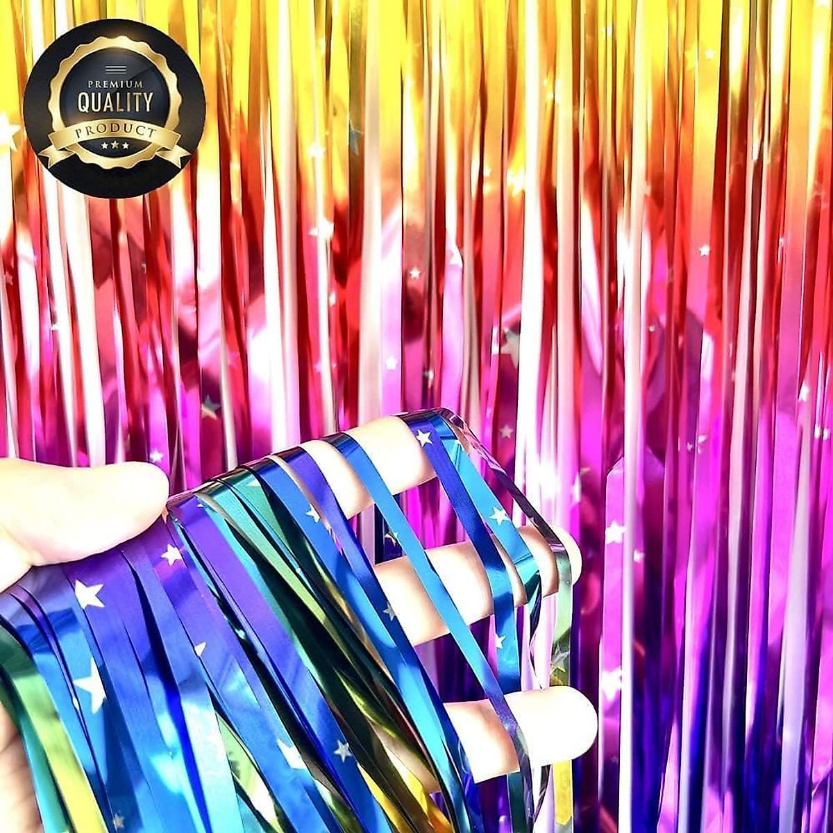 Sparkling Neon Rainbow Foil Fringe Curtain Backdrop Metallic Streamers Photo Booth Props for Birthday Bachelorette Gay Pride Day Graduation Wedding 80s 90s Disco Party Decorations- 2 Packs (3.3x6.6Ft)