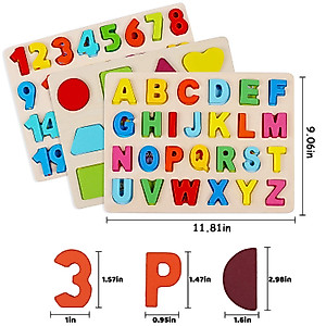 Wooden Puzzles for Toddlers, Kesletney Wooden Alphabet Number Shape Learning Puzzles for Kids, 3 in 1 Montessori Preschool Educational Toys for Boys Girls Ages 3 4 5 Years Old