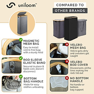 uniloom Slim Laundry Hamper with Lid & Bamboo Rim - 60L Waterproof Oxford Narrow Laundry Basket with Removable Bag & Long Handle - Sturdy Dirty Clothes Hamper with Lid & Magnetic Mesh Bag - Gray