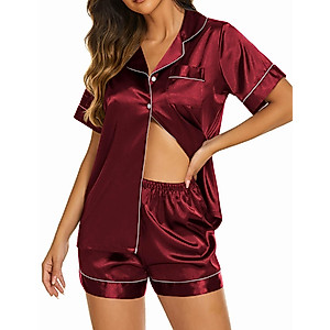 Ekouaer Womens Satin Pajama Set Short Sleeve Pjs Silk Button Down Sleepwear Top and Shorts 2 Piece Lounge Set,Burgundy,X-Large