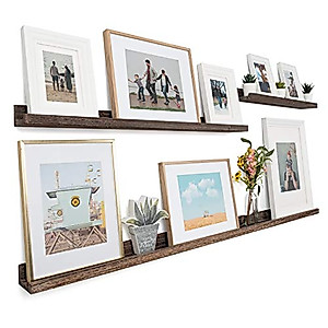 Rustic State Ted Narrow Wall Mount Wood Picture Ledge Photo Display Floating Shelf for Living Room Kitchen Bedroom Bathroom - Set of 3 with Varity Sizes 60 & 36 & 24 Inch - Burnt Brown
