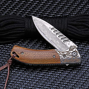 NedFoss Damascus Pocket Knife for Men, Handmade Forged Damascus Steel Folding Knife with Wood Handle, Excellent Gifts for Men Women
