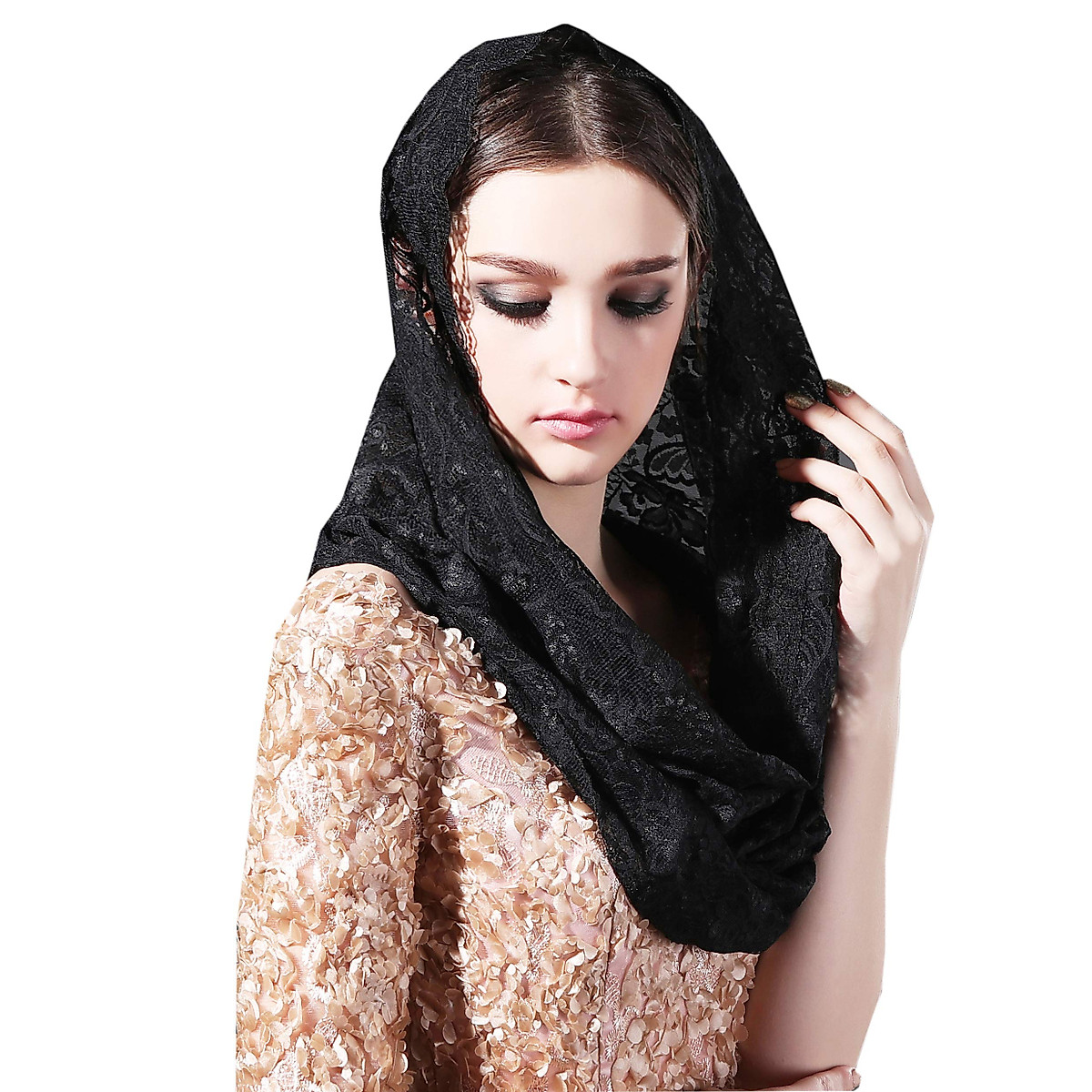 Grettytling Soft and Comfortable Mantilla Veils 5 Colors Spanish Style Lace Infinity Veil Mantilla Latin (Black-Infinity)