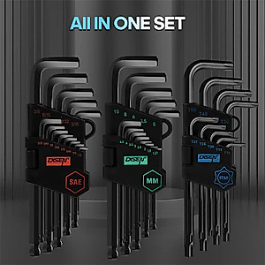 DISEN 36PC Allen Wrench Set, SAE & Metric Hex Key Set Torx Star Key Set, Long Arm Ball Head Design with T-Handle, Heat Treated Chrome Vanadium Steel