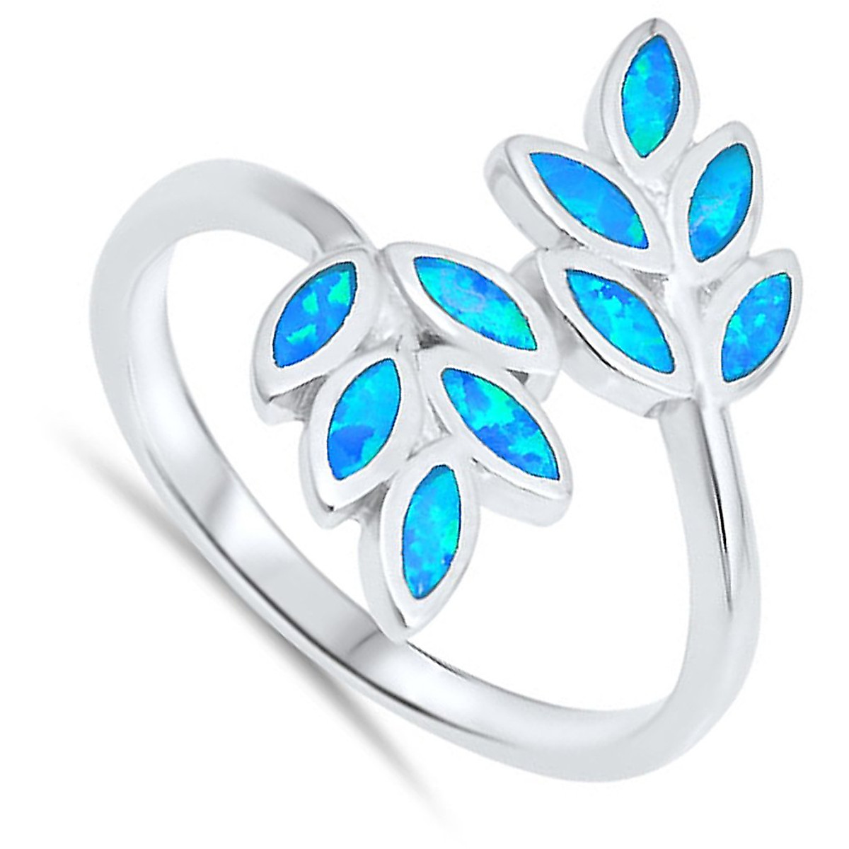 Blue Simulated Opal Leaf Branch Vine Tree Ring New 925 Sterling Silver Band Size 5