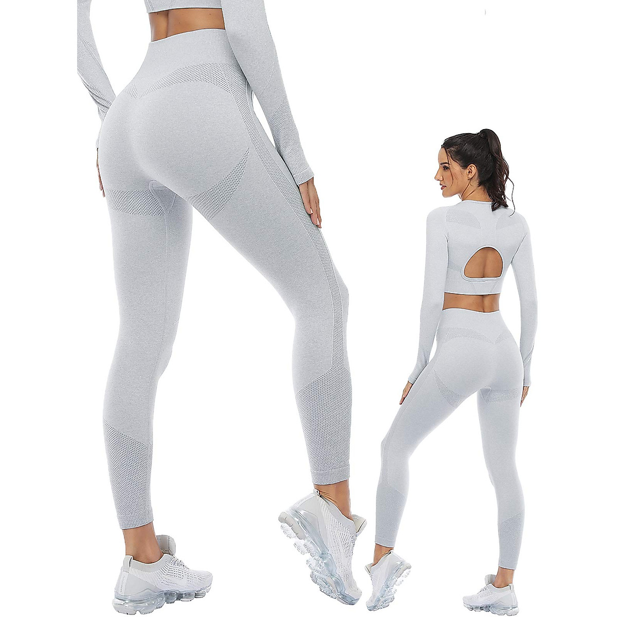 JOLLMONO Workout Sets for Women 2 Piece Yoga Gym Outfits Seamless Ribbed Leggings with Long Sleeve Tops(8003S-Ice grey)