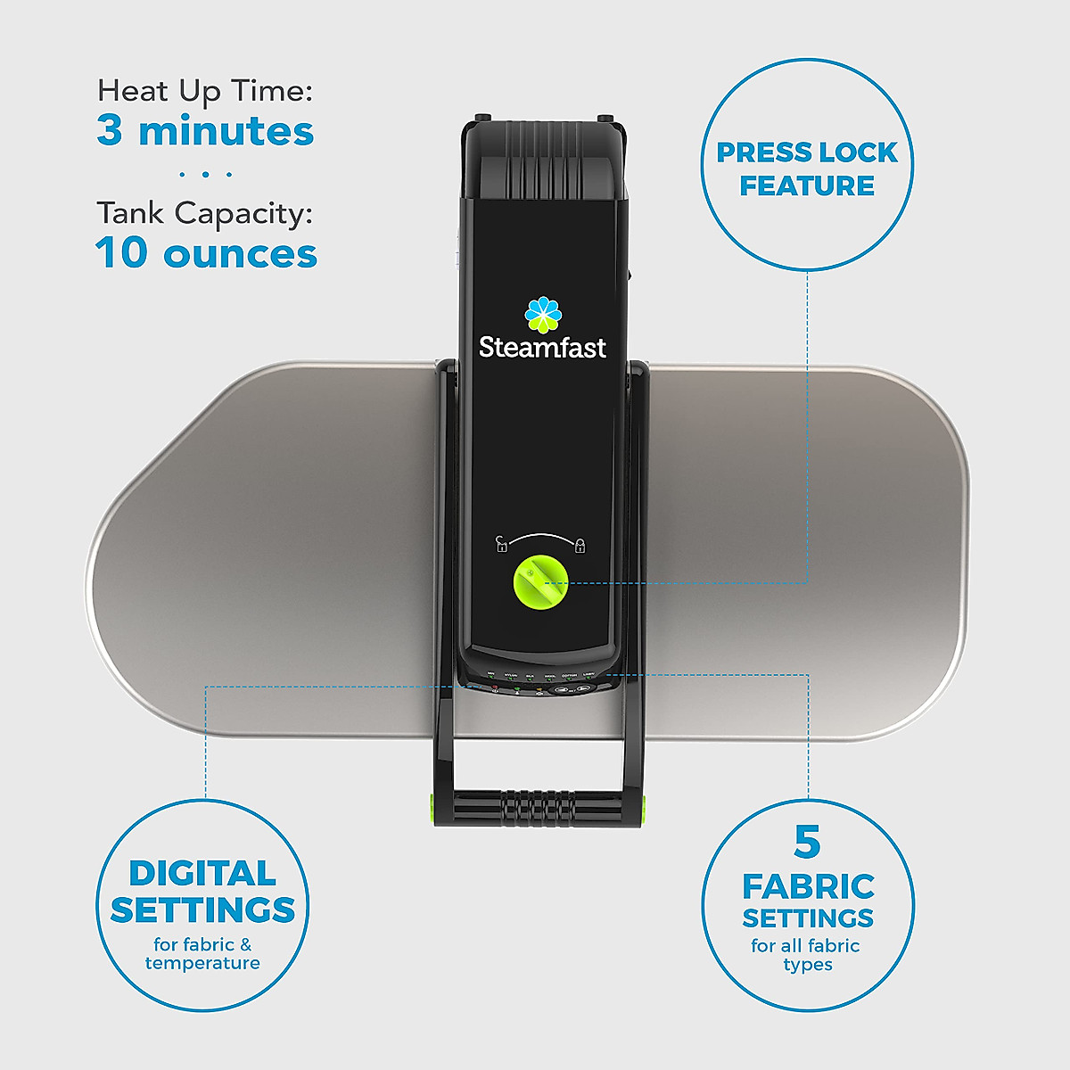 Steamfast SF-680 Digital Steam Press with Multiple Fabric Settings and Steam Burst Function,Stainless/Black, Stand