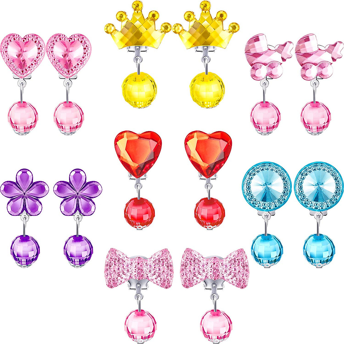 7 Pairs Girls Clip on Earrings Pretend Princess Jewelry Earring Play Earrings and 7 Pairs Earrings Pads in Pink Box