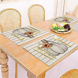 ARKENY Fall Thanksgiving Placemats 12x18 Inches Set of 4,Pumpkin Sunflower Seasonal Burlap Stripe Farmhouse Indoor Kitchen Dining Table Autumn Decoration for Home Party AP124-18