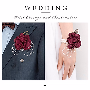 Yerpkefey Wrist Corsage and Boutonniere Set, 2 Wine Red Rose Wrist Corsages for Bridesmaids Flower Girl, Wedding Party for Prom Photo Shoot Bridal