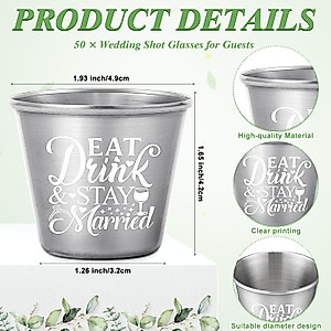 Uiifan 50 Sets Wedding Party Favors for Guests Eat Drink and Stay Married Stainless Steel Shot Glasses Metal Cups Cards with Wedding Thank You Cards and Organza Bags Wedding Souvenirs Bridal Shower