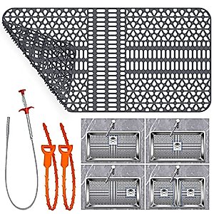 Sink Mats for Bottom of Kitchen Sink, KOCWELL Non-Slip Kitchen Sink Mats,Sink Protectors for Kitchen Sink,Silicone Sink Mat Protector With Cuttable Drain Holes, Grey Sink Mat Grid Accessory 26''×13''