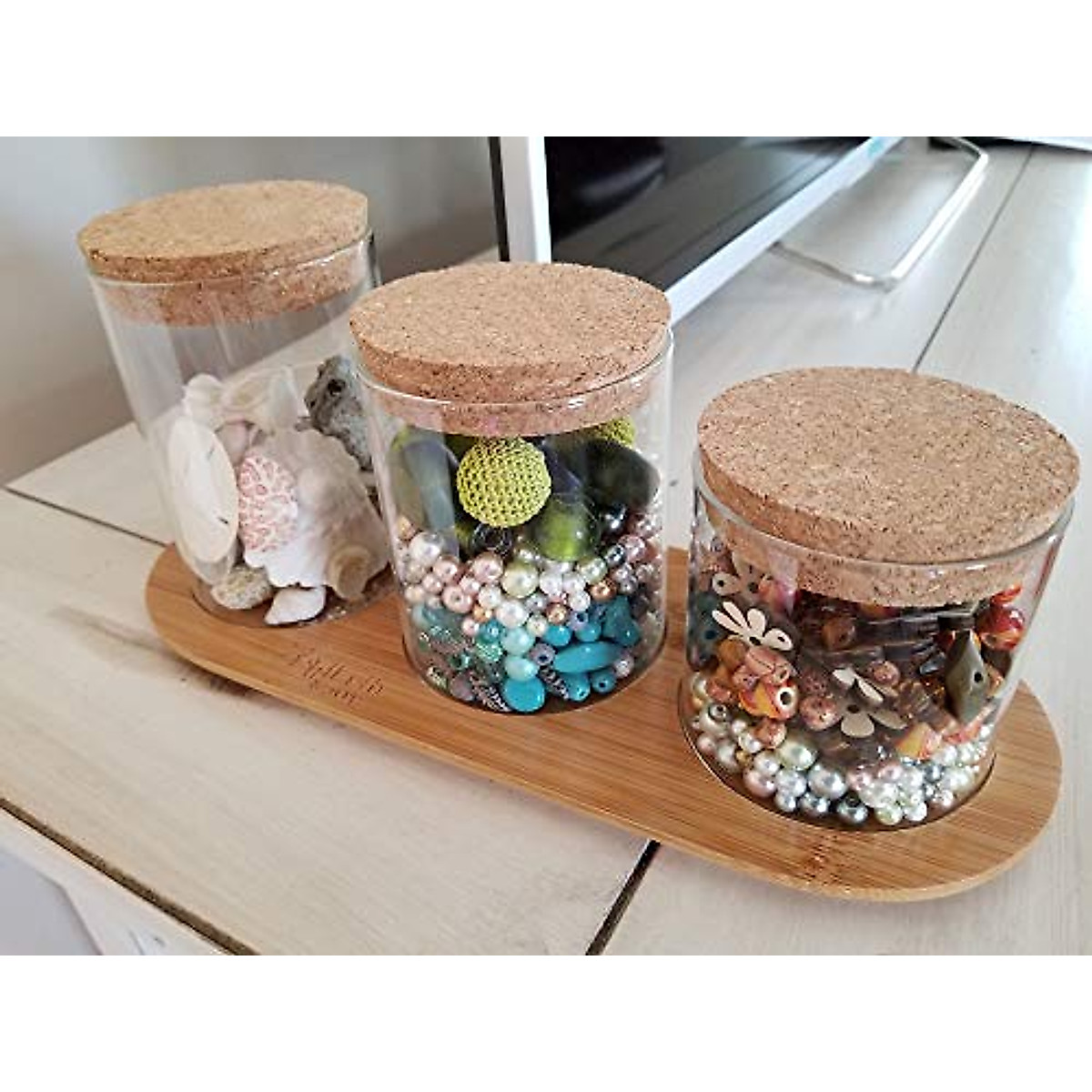 SplashSoup Glass Jar Set on Bamboo Tray, Natural Cork Lids, Bath Item Qtip Cotton Ball Canisters, Seasonal Display Decor, Centerpiece