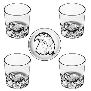 QUEEN&STONE LEAD FREE Old Fashioned Whiskey Glasses with Eagle Pattern On the Thick Weighted Bottom 10oz Set of 4 Perfect for Scotch, Bourbon Cocktails
