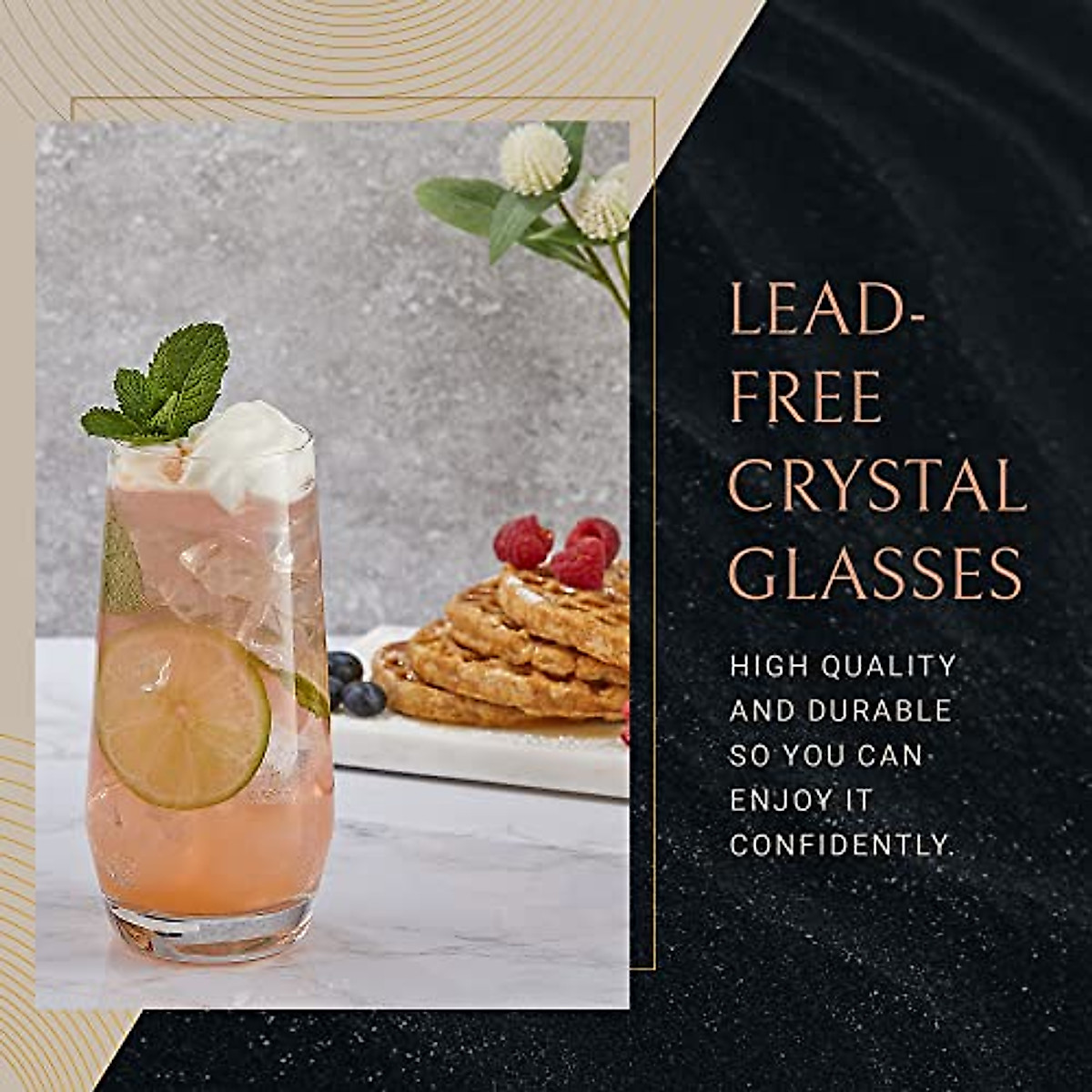 JoyJolt Gwen 18oz Highball Glasses, 4pc Tall Glass Sets. Lead-Free Crystal Glass Drinking Glasses. Water Glasses, Mojito Glass Cups, Tom Collins Bar Glassware, and Mixed Drink Cocktail Glass Set