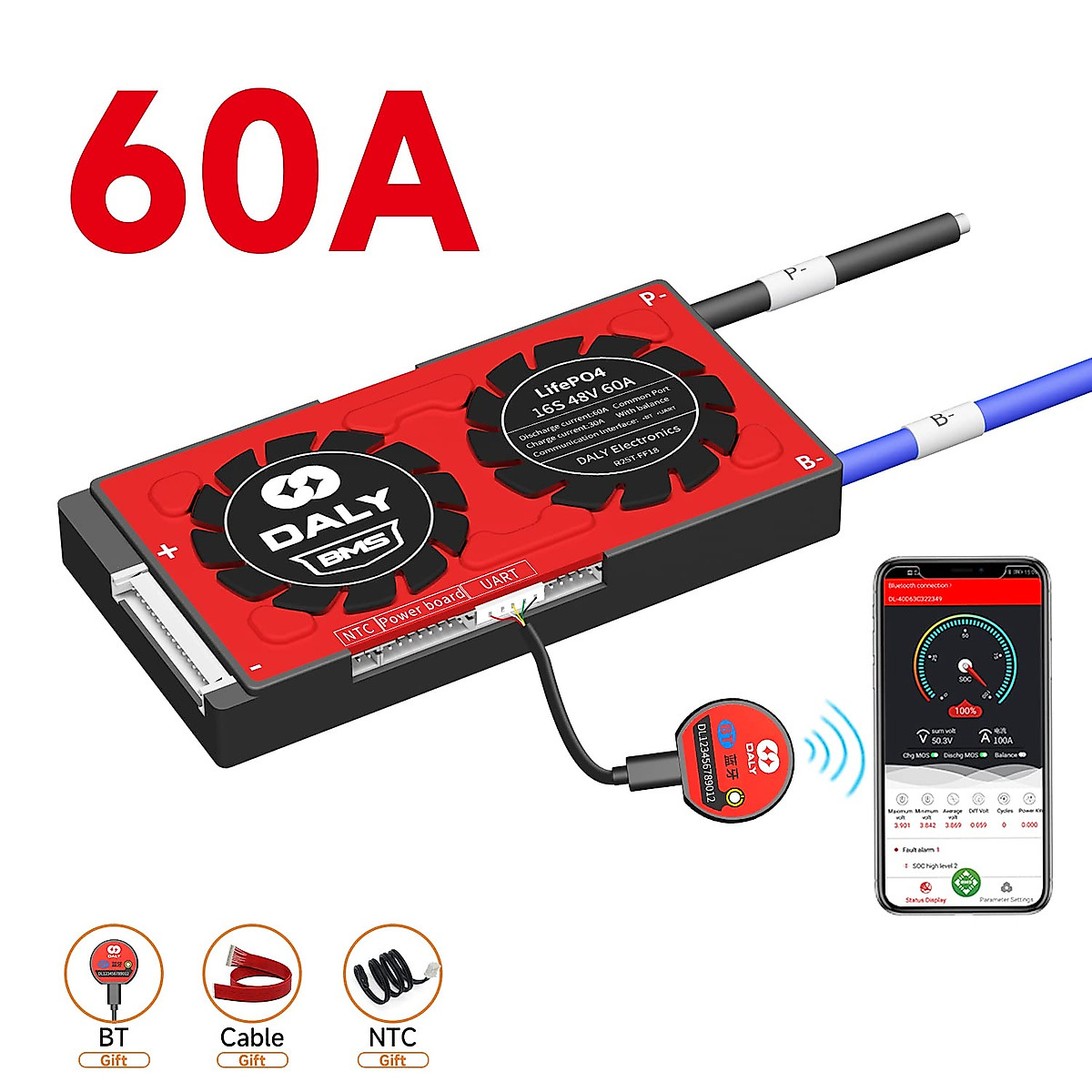 Daly Programmable Configurable Smart BMS 16S 48V 60A UART LiFePO4 Battery Protection Board with Balance Leads Wires BMS for 18650 Battery Pack 48V DIY
