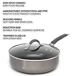 Cooking Light Nonstick Ceramic Deep Cooker, Dishwasher Safe, Scratch Resistant, Easy Food Release Interior, Cool Touch Handle and Even Heating Base, 4-Quart Jumbo Cooker, Gray