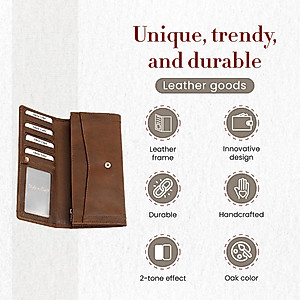 Style n Craft Ladies Long Clutch Wallet with Leather Frame, Full-Grain Leather Wallet for Women, Wallet with Multiple Card Holders, 2 Tone Vintage Effect, Oak (391106)