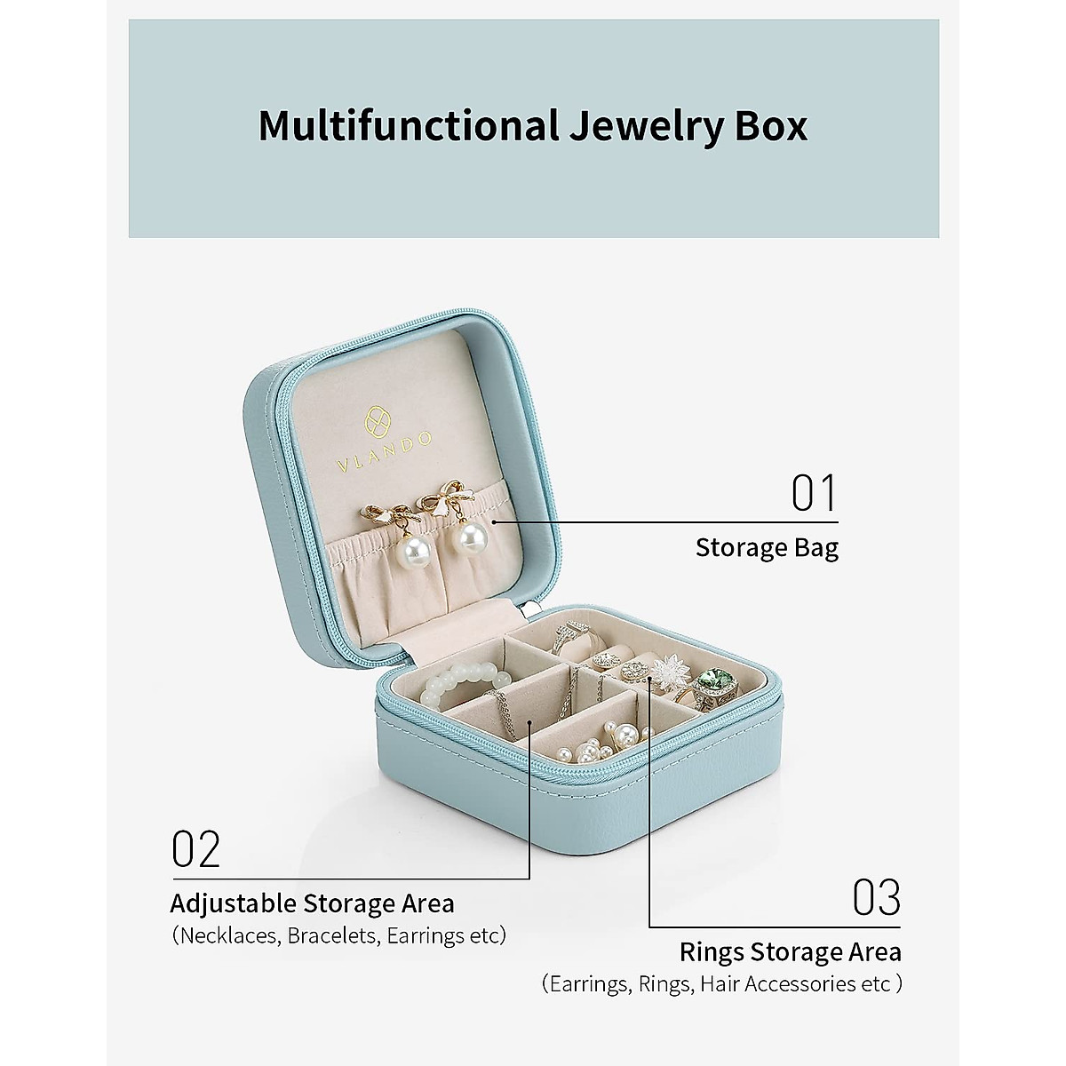 Vlando Small Travel Jewelry Box Organizer Display Storage Case for Rings Earrings Necklace (Blue)