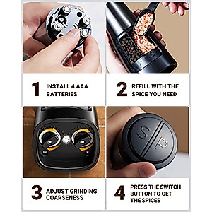 Sangcon 2 in 1 Electric Salt and Pepper Grinder Set, Battery Powered Salt and Pepper Mill, Automatic One-Handed Operation Refillable Grinder with Light, Adjustable Ceramic Grinders, Metallic Gunmetal