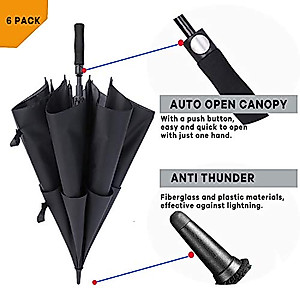 MRTLLOA 6 Pack 62/68 Inch Automatic Open Golf Umbrella, Extra Large Oversize Double Canopy Vented Windproof Waterproof Stick Umbrellas for Rain(62 Inch, Black)