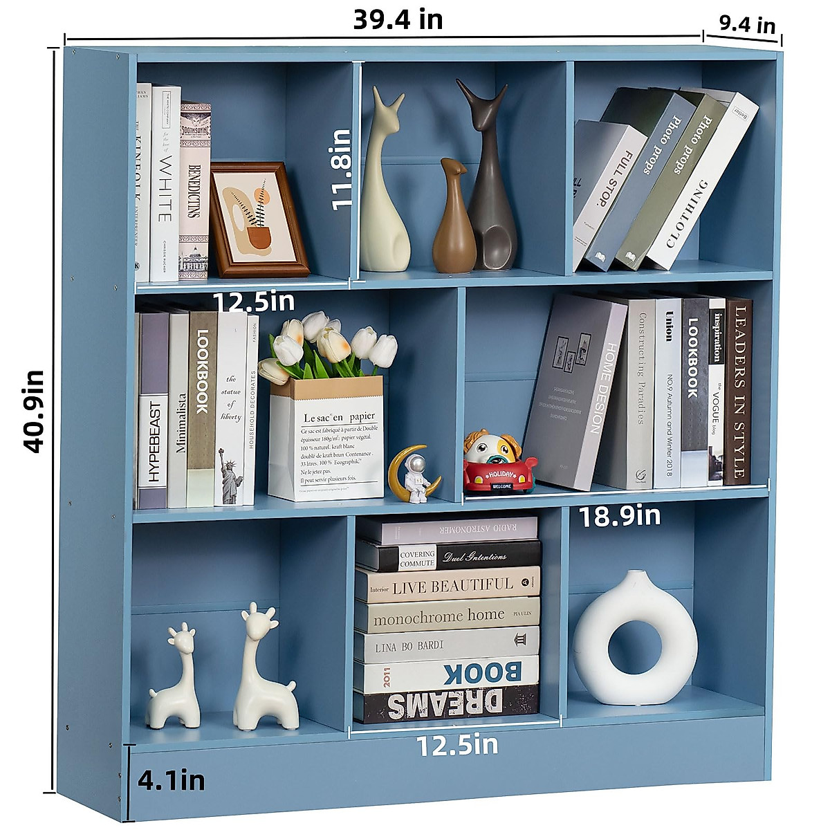 YAHARBO 3 Tier Bookshelf,Wide Kids Horizontal Bookcase,8 Cube Blue Book Shelf,Large Display Toy Storage Cabinet with Base,Floor Standing Modern Bookcases Organizer for Bedroom,Nursery,Playroom