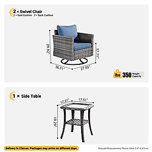 ovios Patio Bistro Set, 3 Pieces Outdoor Rocking Swivel Chairs with Side Table, Outdoor Furniture Wicker Rattan Chairs with Comfy Cushions for Garden Porch, Denim Blue