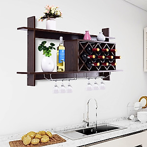 Giantex Wall Mounted Wine Rack Organizer W/Metal Glass Holder & Multifunctional Storage Shelf Modern Diamond-Shaped Wood Wine Server for 10 Bottles Wine Storage Display Rack (Black Walnut)