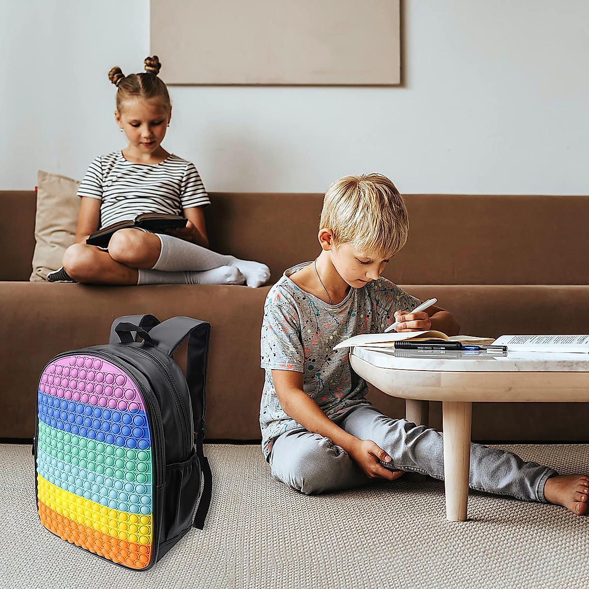 Fidget Backpack for Boys Girls Pop-On-It Backpack for School Silicon Pop Bubble Book Bags for Kids Teenagers with Padded Bottle Side Pockets