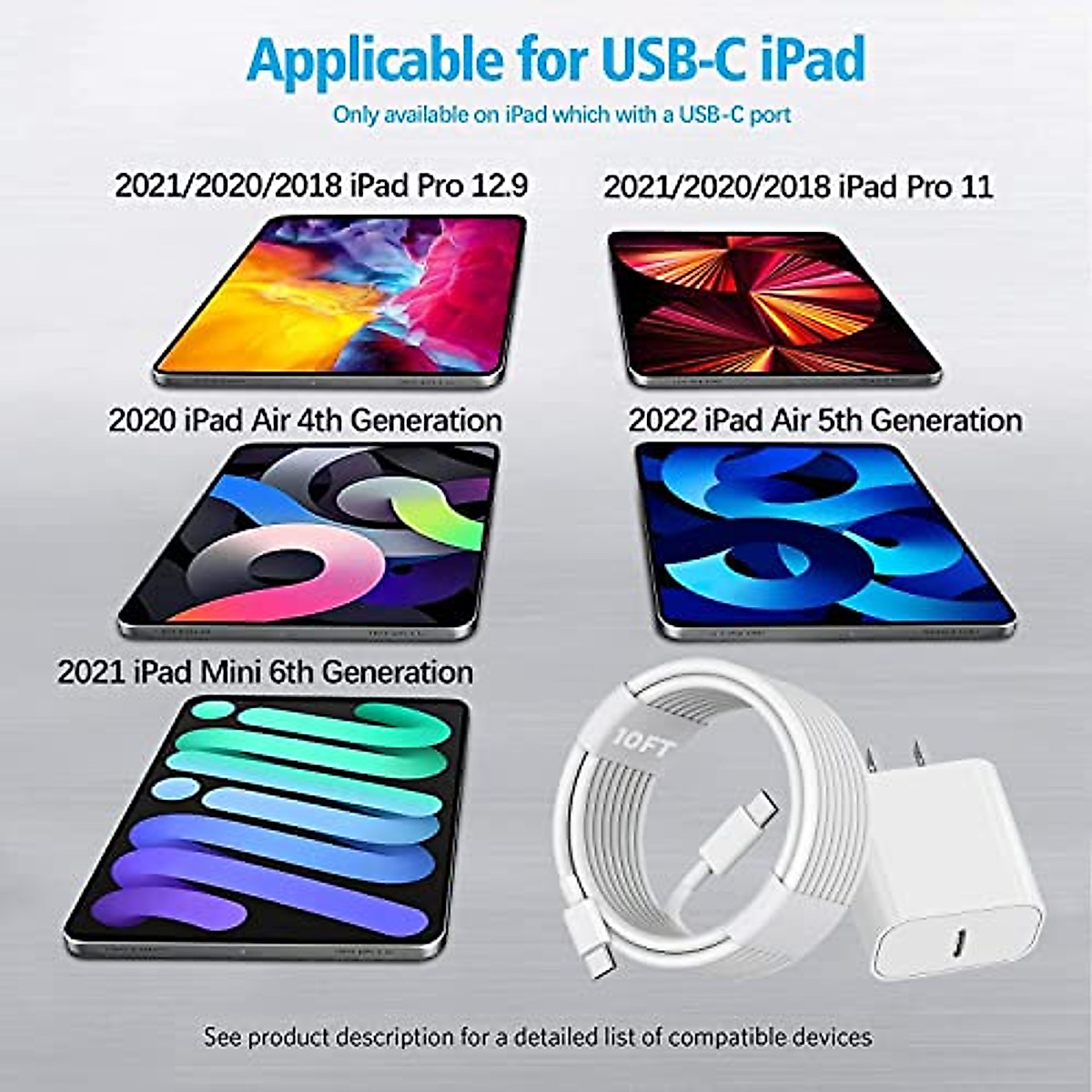 iPad Charger,20W Super Quick USB C Fast Charger [Apple MFi Certified] iPad Charger with 10FT Extra Long USB C Cable for iPad 10th,iPad Pro 12.9/11 inch 2022/2021/2020/2018,iPad Air 5/4th,iPad Mini 6