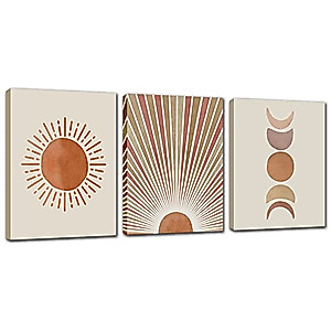 Boho Prints Sun Wall Art - Mid Century Moon Phase Canvas Paintings for Home Decoration Bohemian Framed Abstract Artwork 3PCS 12x16 Inches Pictures for Teens Bedroom Dorm Living Room Bathroom Painting