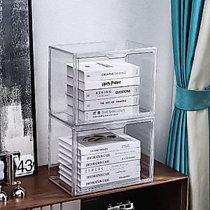 BOHOIDEE 2PACKS Clear Book Storage Organizer for Bookshelf, Plastic Stackable Book Display Case with Magnetic Door, Acrylic Showcase for Toys Handbags, Shoes, Purses
