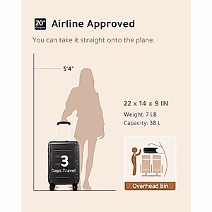 LUGGEX 20 Inch Black Carry On Luggage 22x14x9 Airline Approved, PC Hard Shell Suitcase with USB Port, Expandable and Lightweight