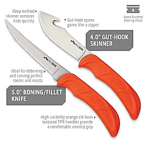 OUTDOOR EDGE WildBone, 4-Piece Hunting Knife Set, Field Dressing & Game Processing Knives - Gut-Hook Skinning & Boning/Fillet Knife, Carbine/Ceramic Sharpener, Camo Belt Scabbard - Deer & Elk