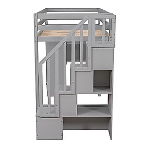 SOFTSEA Twin Loft Bed with Staricase and 4 Storage Drawers Solid Wood Loft Bed with Shelves