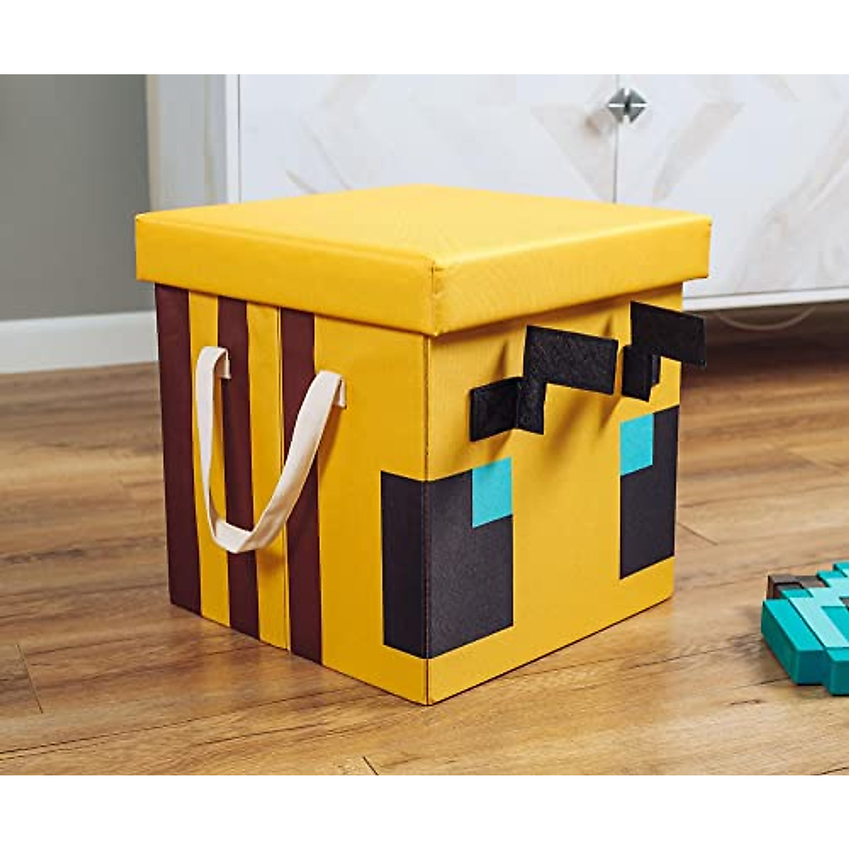 Minecraft Bee 15-Inch Storage Bin Chest With Lid | Foldable Fabric Basket Container, Cube Organizer With Handles, Cubby Closet Organizer | Video Game Gifts And Collectibles