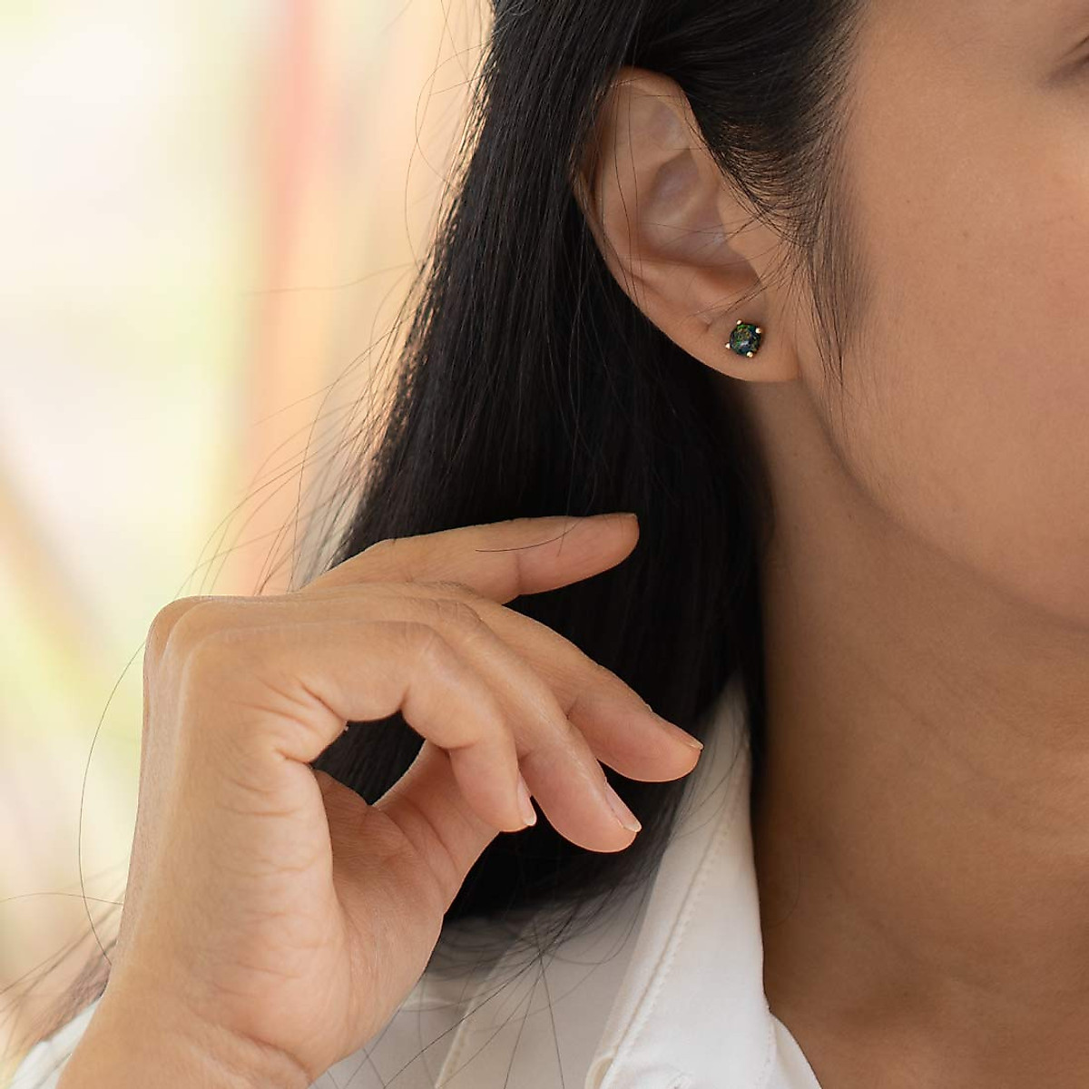 Peora Solid 14K Yellow Gold Created Fire Black Opal Stud Earrings for Women, Classic Solitaire Round Shape, 6mm, 1 Carat total, Hypoallergenic, Friction Back