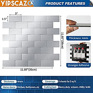 Yipscazo 5 - Sheet Peel and Stick Metal Backsplash, Stick on Tiles Stainless Steel Backsplash Peel and Stick for Kitchen, Bathroom, Fireplace (12''x12'', Silver)