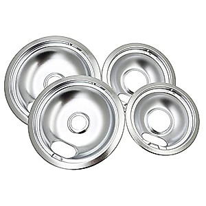 W10196405 and W10196406 Chrome Oil Drip Pans Replacement Set Compatible with Whirlpool Electric Range- Includes 2 6-Inch and 2 8-Inch Pans, 4 Pack, Silver