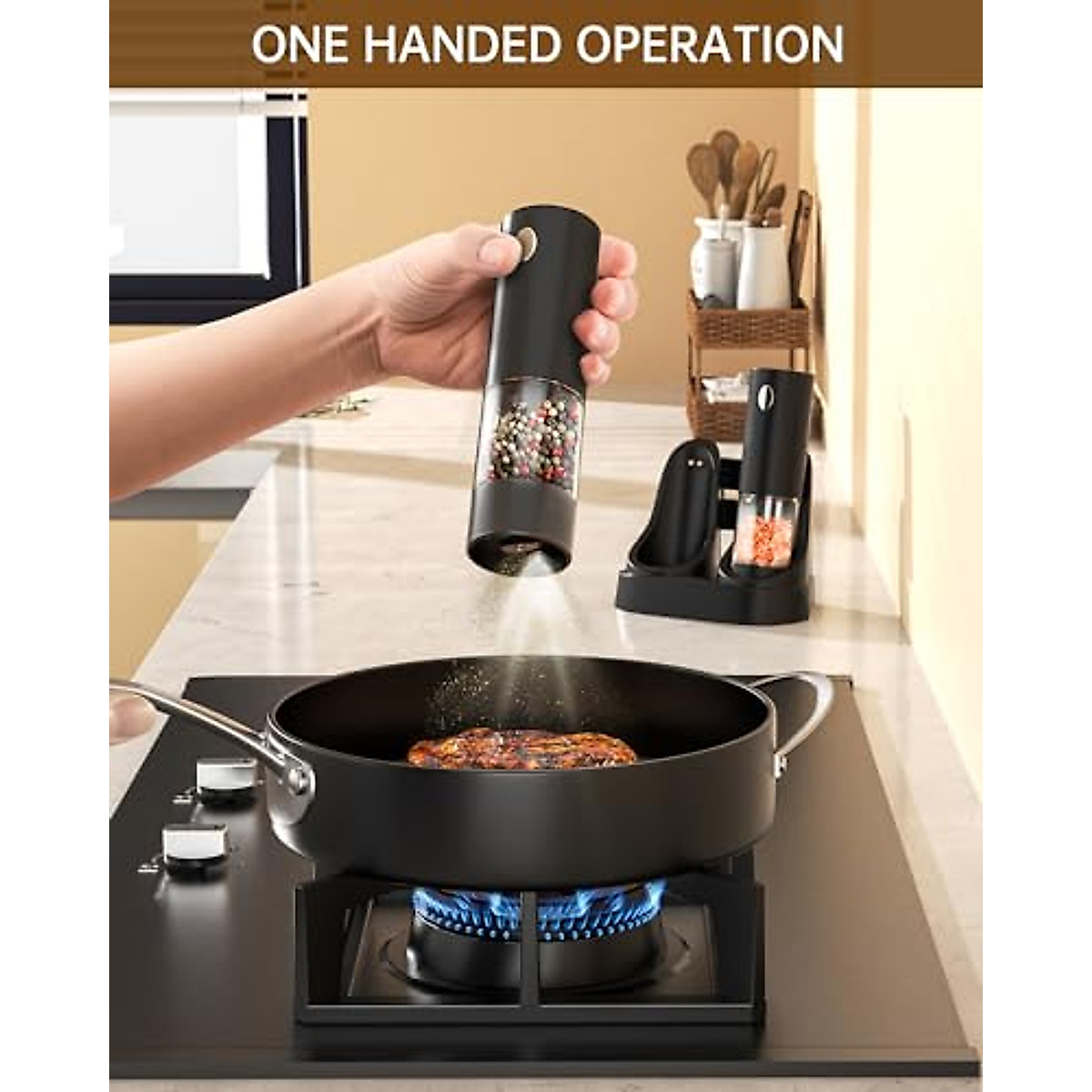 CIRCLE JOY Electric Salt and Pepper Grinder Set Automatic Salt and Pepper Grinder Set with Easy-to-Carry Charging Base and LED Light, Adjustable Coarseness, USB Rechargeable, Washable Container, Black