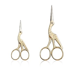 Embroidery Scissors, Stork Scissors for Sewing, Craft, Art Work & Everyday Use, Stainless Steel, 2Pcs, 4.6 inch and 3.7 inch, Gold