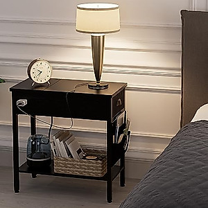 23 " Black End Side Table Living Room with Charging Station,Narrow Couch Table With Storage Drawers/USB Ports/Outlets, Flip Top Bedside Tables Night Stand Furniture for Bedroom Office Small Spaces
