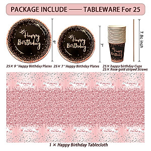 UJoyant Birthday Decorations For Women, 229 Pcs Rose Gold and Black Happy Birthday Supplies - Disposable Dinnerware Set with 25 Guest, Balloons, Sash, Tiara, Banner, Fringe Curtain, Photo Booth Props