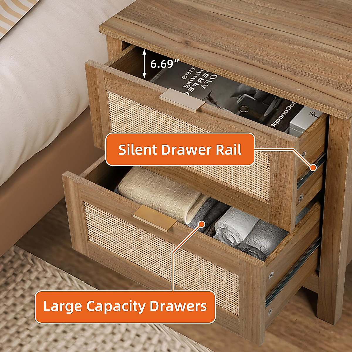 AILEEKISS Night Stand Set of 2 Rattan Nightstands with Wireless Charging Station, Wood Accent Bed Side End Tables with 2 Rattan Drawers, Modern Bedside Stand for Bedroom, Living Room (Natural Oak)