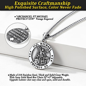 Bestyle Chunky St Michael Necklace Stainless Steel Round Saint Michael Medal Icon Protection Necklace with 3 mm 22+2 In Long Spiga Chain