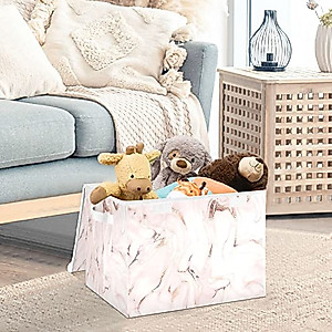 Kigai Storage Basket Rose Gold Abstract Marble Storage Boxes with Lids and Handle, Large Storage Cube Bin Collapsible for Shelves Closet Bedroom Living Room, 16.5x12.6x11.8 In