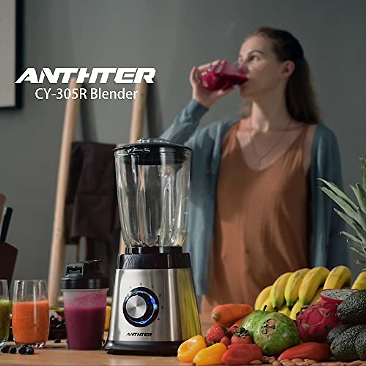 Anthter CY-305R Professional Blender, 950W High Power Blenders For Kitchen, Stainless Countertop Smoothie Blender, 50 Oz Glass Jar & 24-Ounce Smoothie Cup, Ideal for Smoothies, Shakes & Frozen Drinks