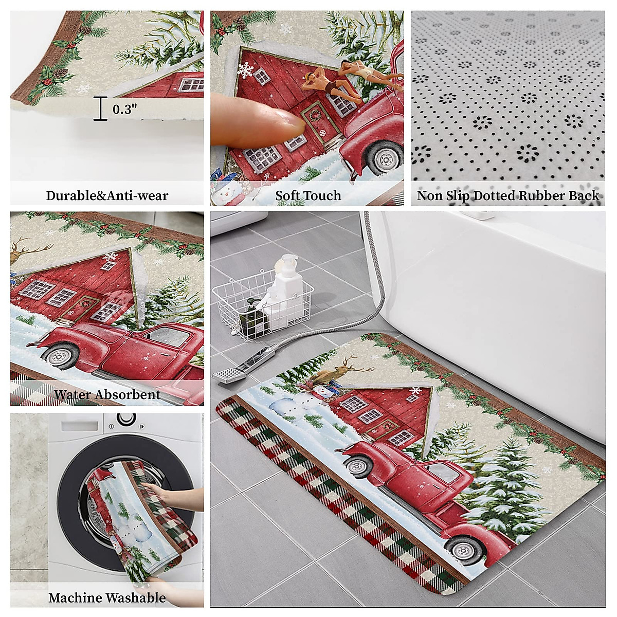 Libaoge Kitchen Mat Rug Set of 2 Christmas Snowman Tree Farmhouse Red Truck Runner Rug Anti-Fatigue Comfort Memory Foam Standing Mat Non-Slip Floor Door Mat for Bathroom Bedroom 24x35in+24x71in