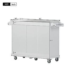 Rolling Kitchen Island Cart on Wheels, with Stainless Steel Countertop, 2 Storage Drawers & Goblet Holder & Spice Shelf, Towel Rack, for Dining Room, Restaurant, White