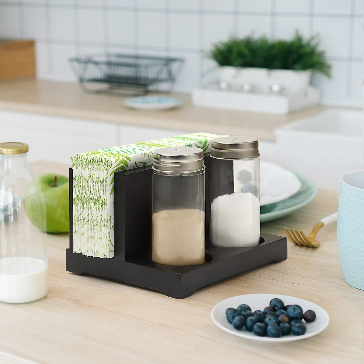 AKKO Rustic Napkin Holder with Salt and Pepper Shakers, Wooden Napkin Holder for Table with 2 Spice Bottles, Perfect for Dining Table, Kitchen, Restaurant